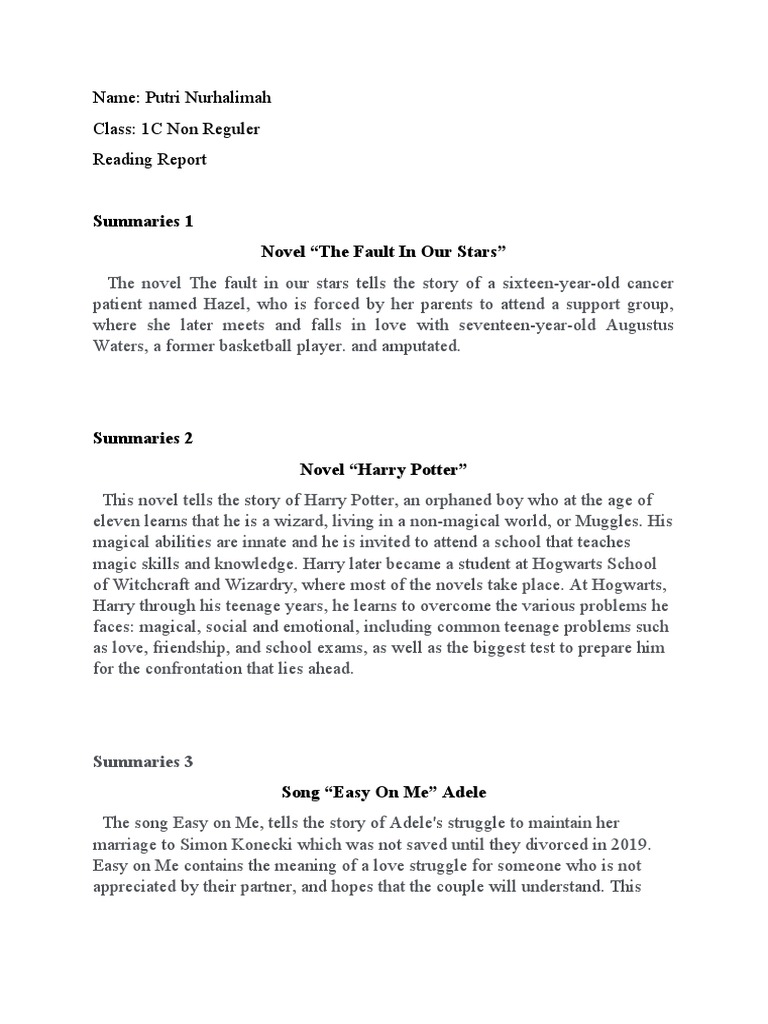 Name: Putri Nurhalimah Class: 1C Non Reguler Reading Report: Summaries ...