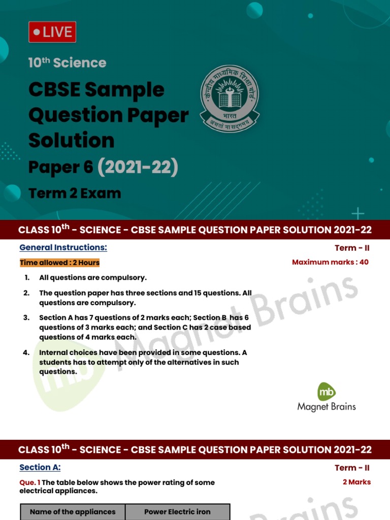 Class 10th - Science - Cbse Sample Question Paper 6 Solution 2021-22 ...