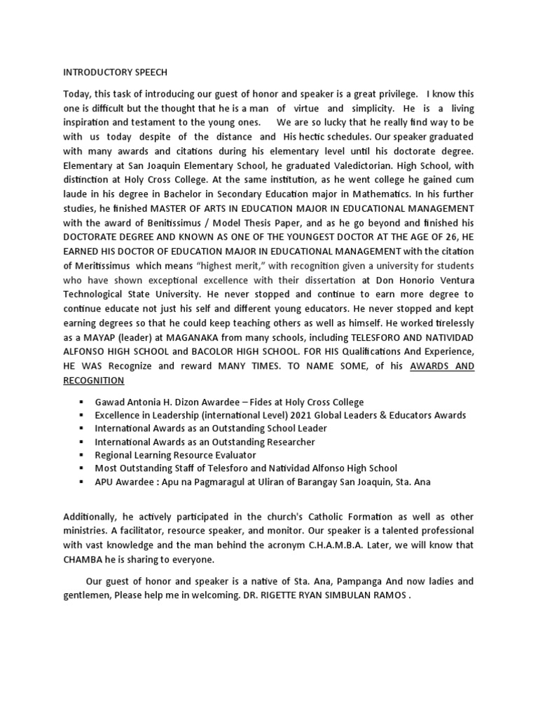 Introductory Speech-Guest-Speaker | PDF | Academic Degree | Thesis