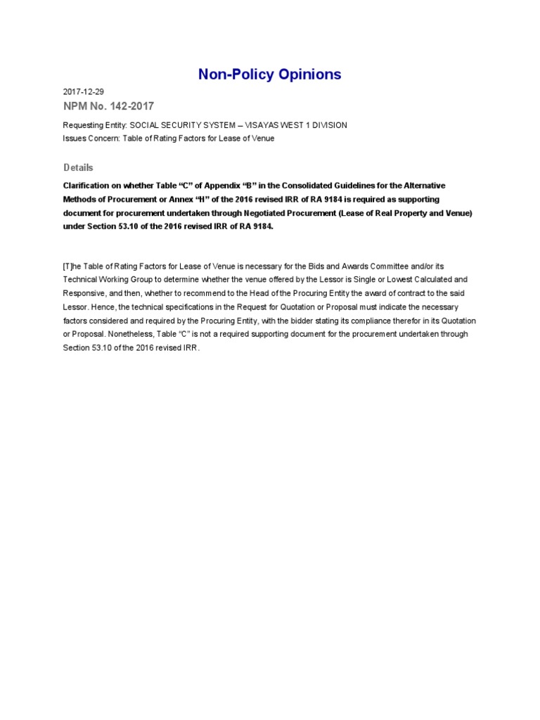 NPM 142-2017 Table of Rating Factors For Lease of Venue | PDF