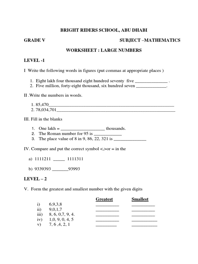 WORKSHEET LARGE NUMBER gr5 | PDF | Vocabulary | Linguistics