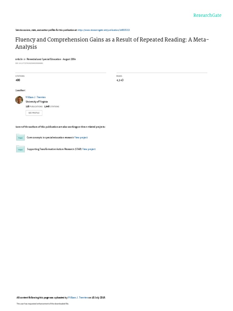Fluency and Comprehension Gains As A Result of Repeated Reading: A Meta-Analysis | PDF | Reading ...