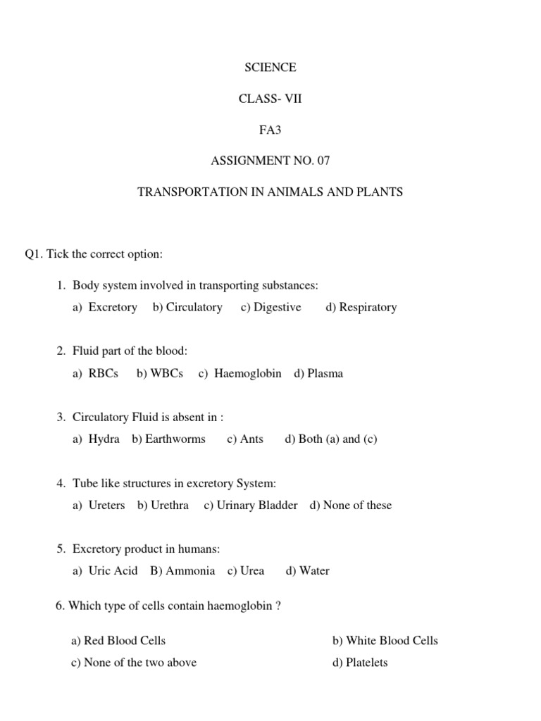 CBSE Class 7 Science Worksheet (7) - 0 | PDF | Blood | Tissue (Biology)