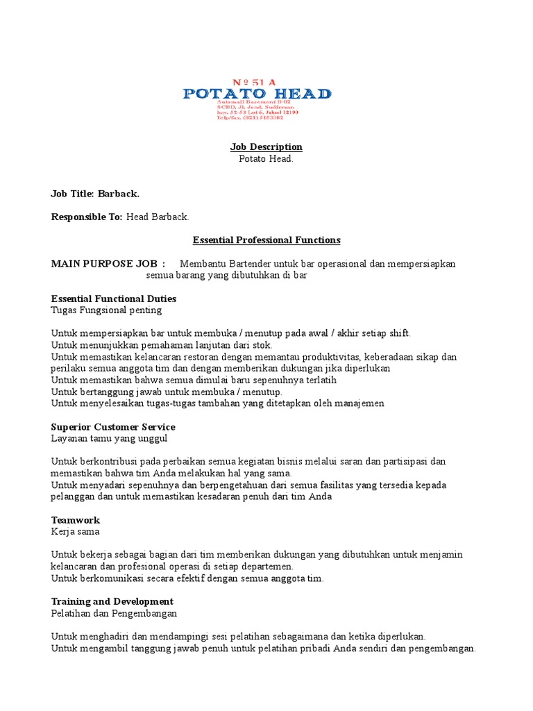 Bar Back Job Description Indo | PDF