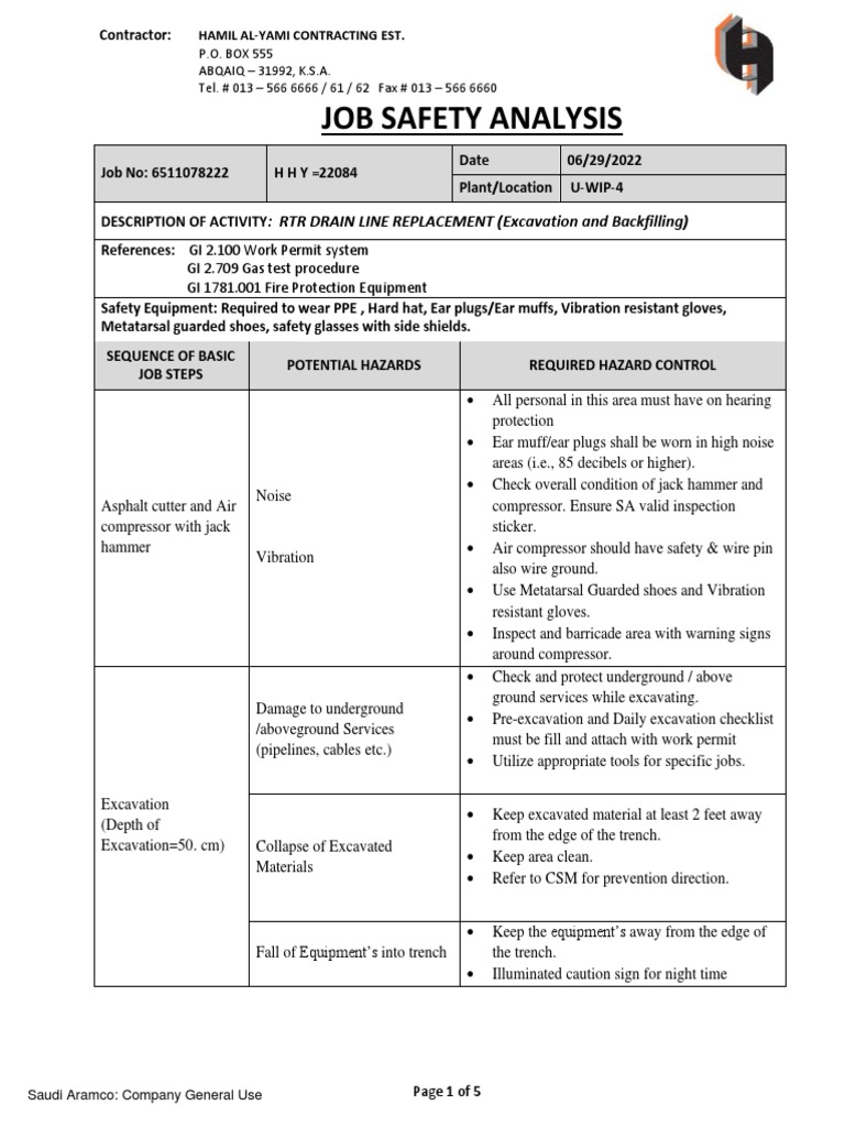 Job Safety Analysis:: RTR DRAIN LINE REPLACEMENT (Excavation and ...