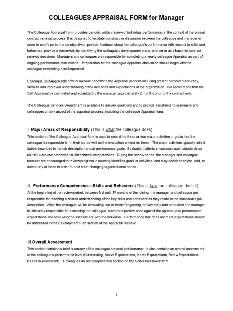 Colleague Appraisal Form - MGR - Draft | PDF | Performance Appraisal ...
