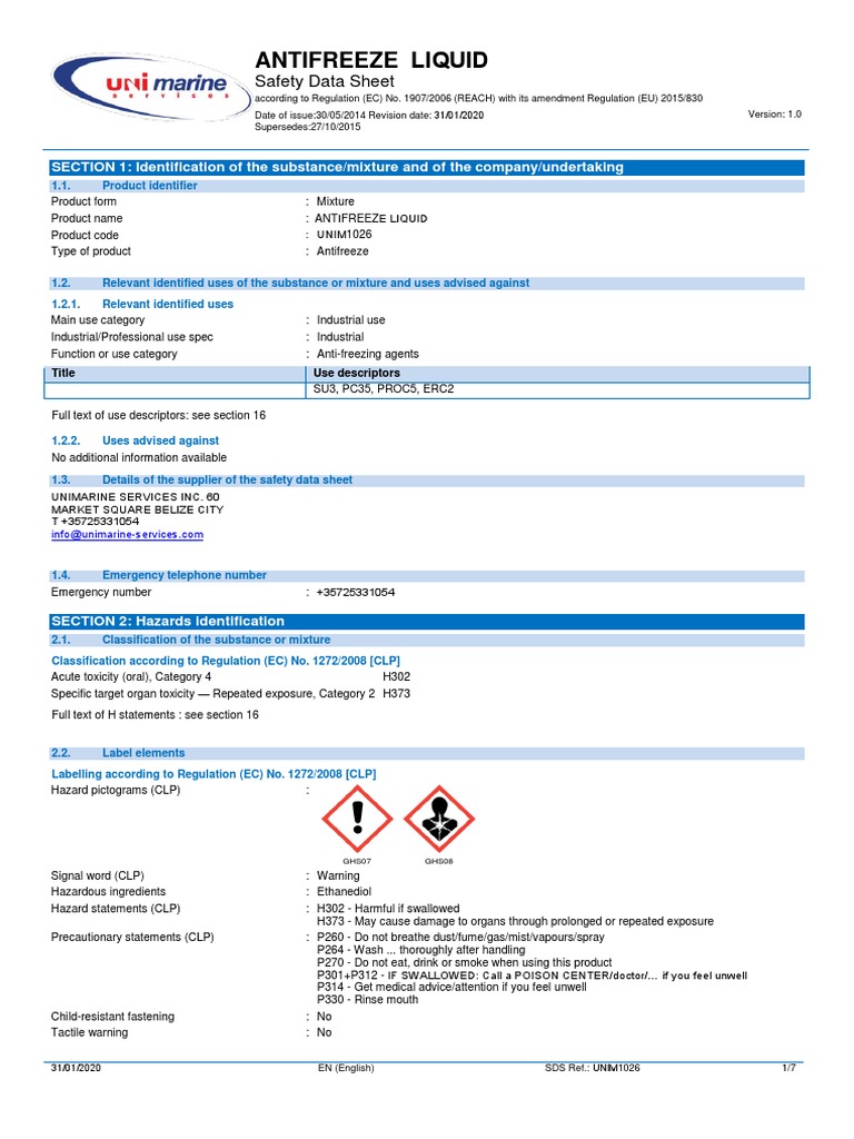 Antifreeze Liquid MSDS | PDF | Dangerous Goods | Chemistry