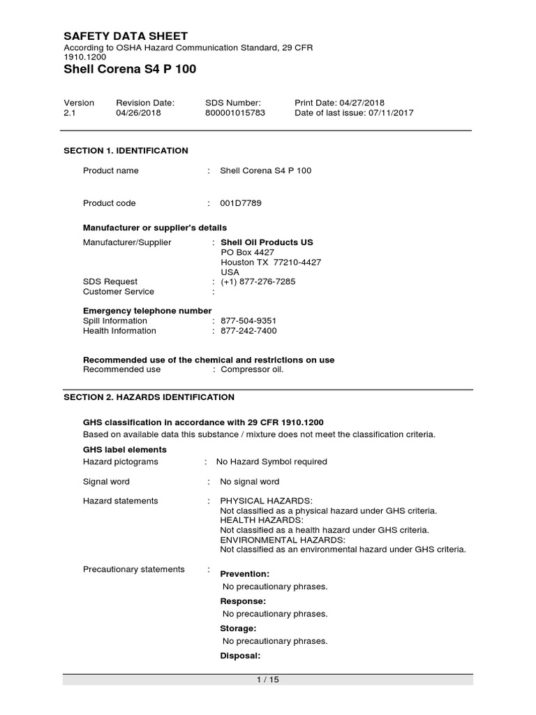 Shell Corena S4 P 100 MSDS | PDF | Personal Protective Equipment ...