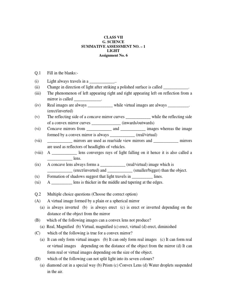 Class 7 Science Worksheet on Light | PDF | Mirror | Electromagnetic ...