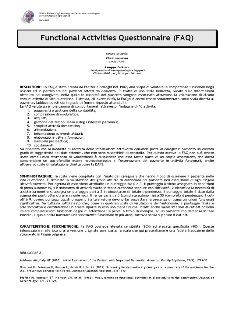 Functional Activities Questionnaire Faq Pfeffer Et Al 1982 Pdf
