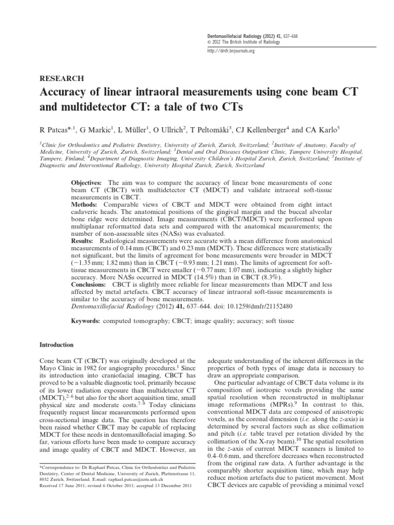 Accuracy Of Linear Intraoral Measurements Using Cone Beam Ct And Multidetector Ct Pdf Ct