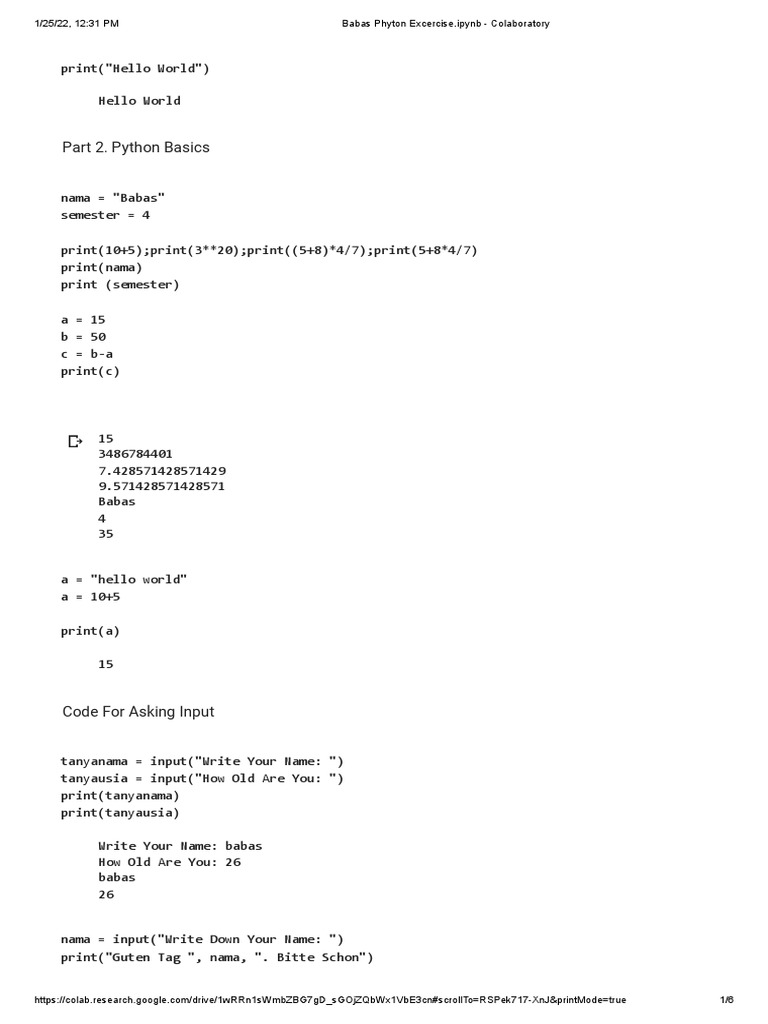 Babas Phyton Excercise - Ipynb - Colaboratory | PDF | Computer Programming | Software