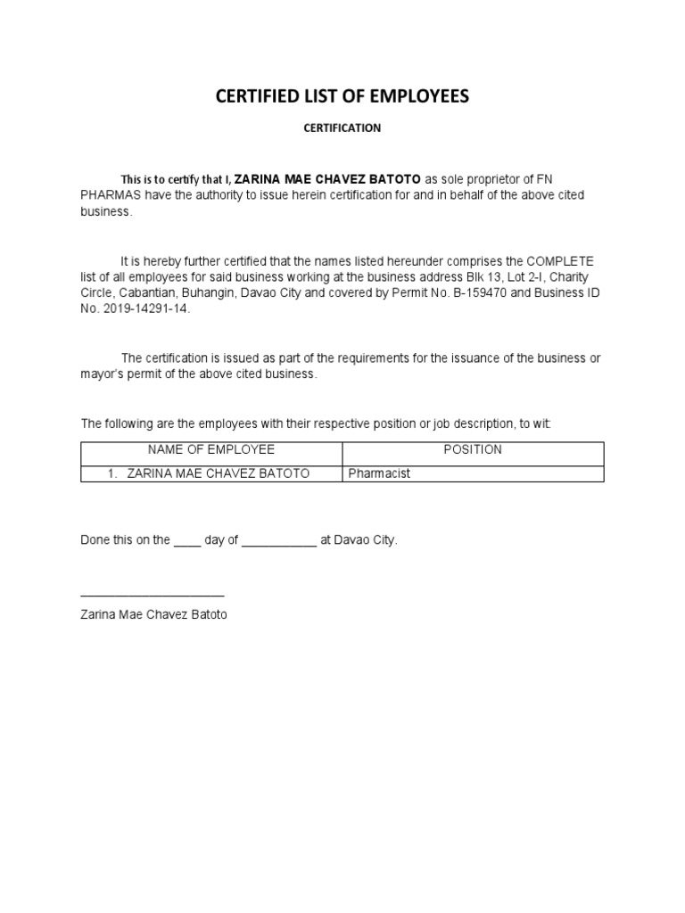 Certified List of Employees: Certification | PDF