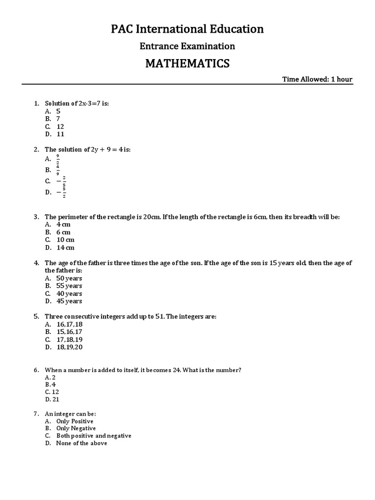 Mathematics Entrance Exam Questions | PDF | Mathematics | Elementary ...