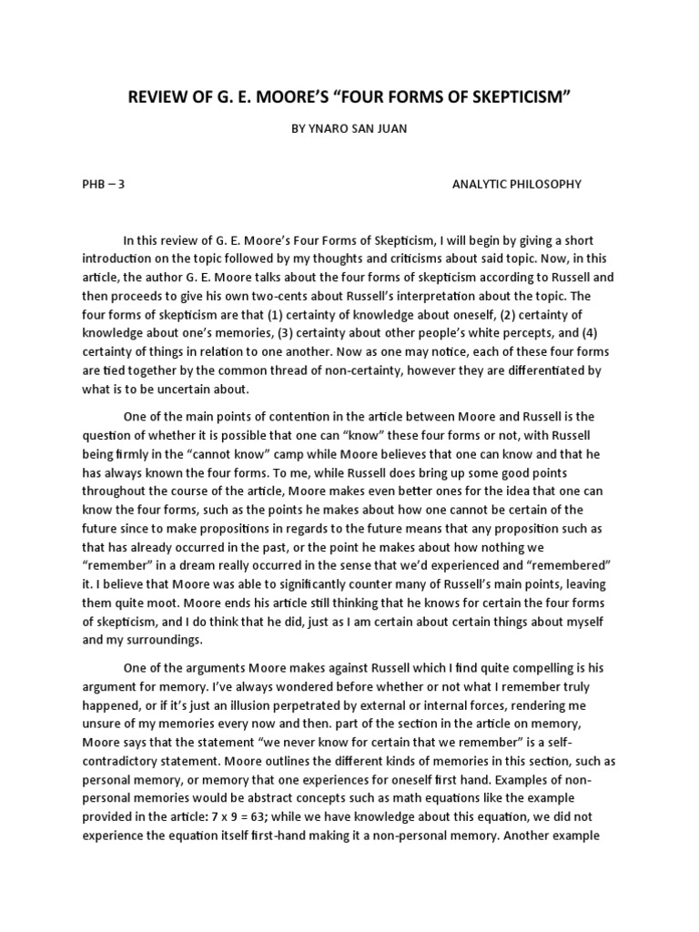 Review of G. E. Moore'S "Four Forms of Skepticism" | PDF | Certainty | Knowledge