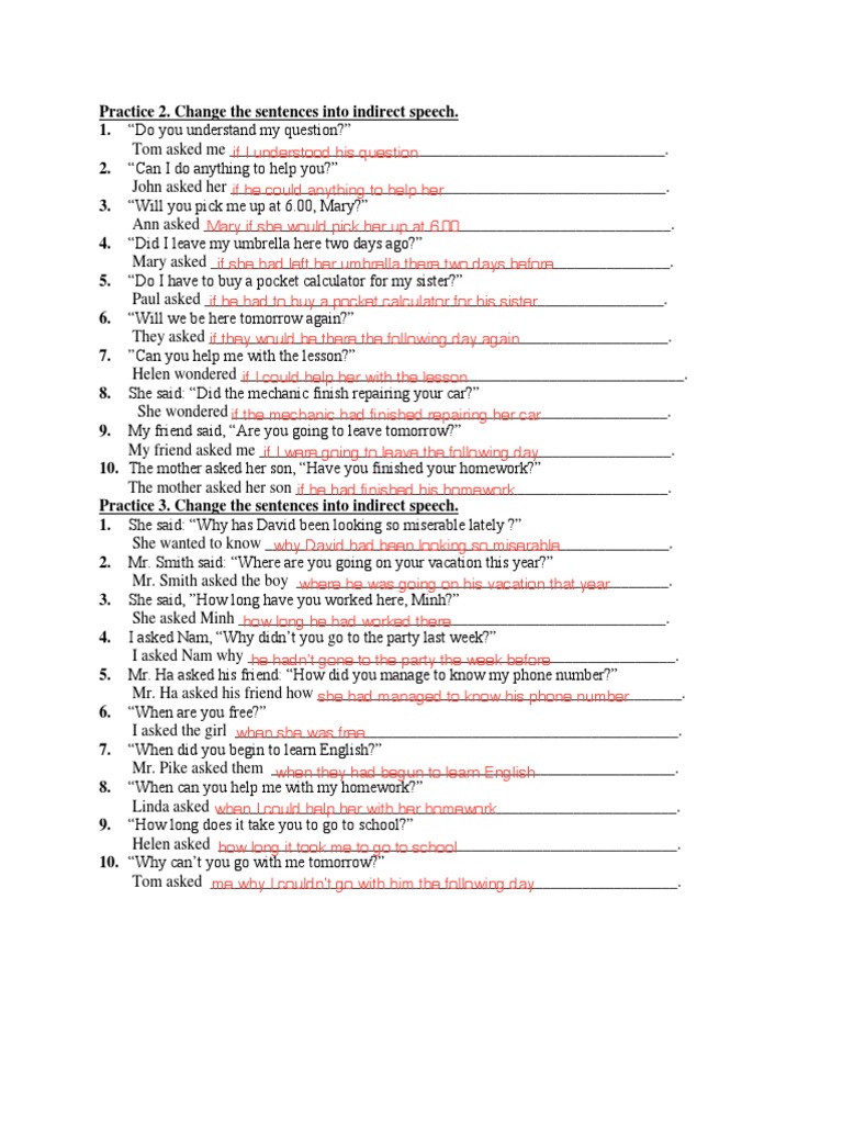 Indirect Speech Practice: Converting Direct Speech to Indirect Speech ...