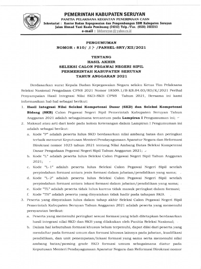 Pengumuman Hasil Akhir Pra Sanggah Seleksi CPNS 2021 | PDF Pengumuman Hasil Akhir Pra Sanggah Seleksi CPNS 2021 | PDF