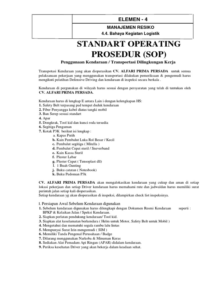 SOP Kendaraan Transportasi | PDF | Bisnis