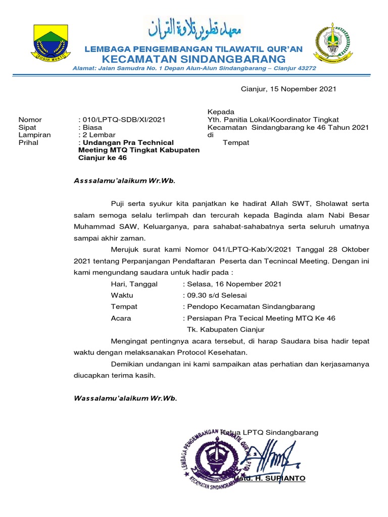 UNDANGAN PRA TECNICAL MEETING PANLOK MTQ 2021 New | PDF