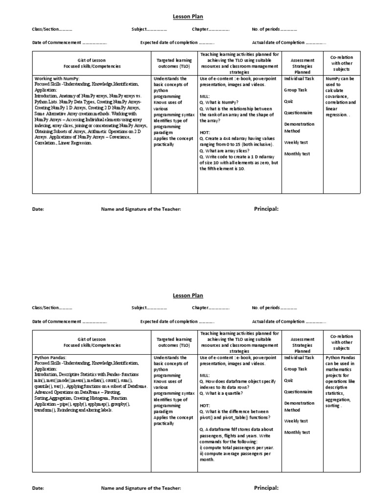 Lesson Plan Working With Numpy Pdf Array Data Type Computer