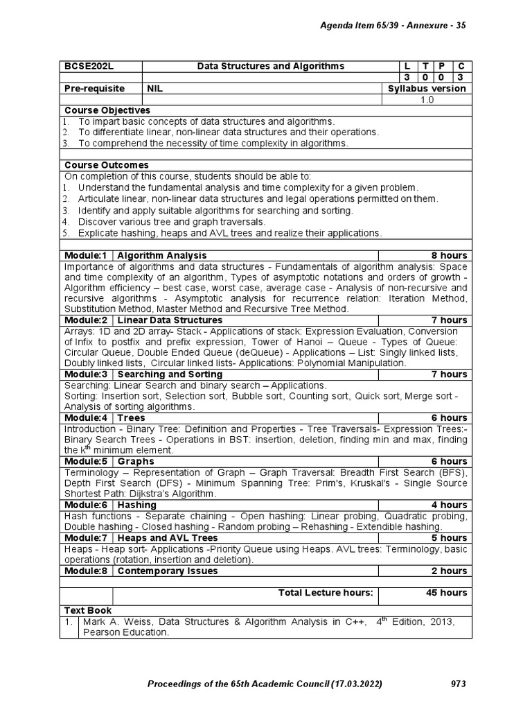 Bcse202l Data-Structures-And-Algorithms TH 1.0 70 Bcse202l | PDF | Time ...