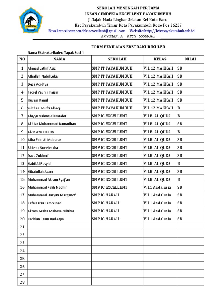 Form Nilai Ekskul Tapak Suci 1 | PDF