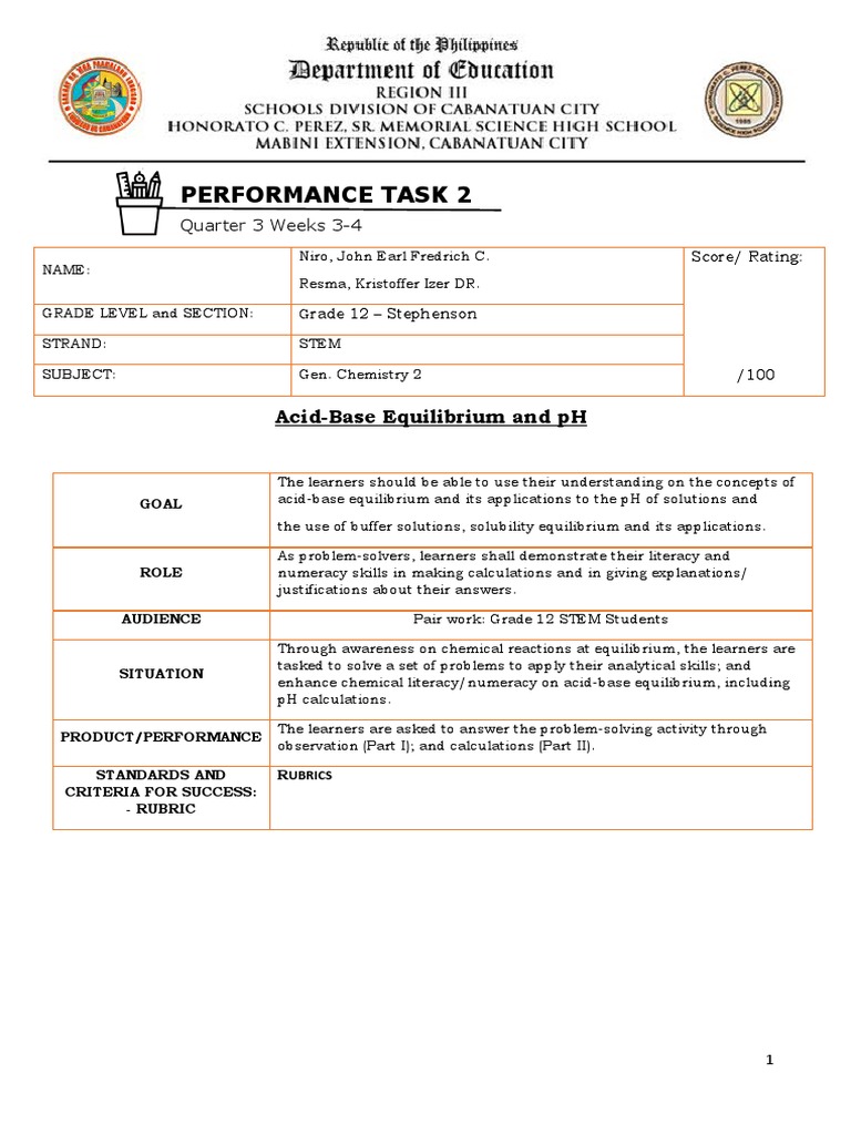 Performance Task 2: Acid-Base Equilibrium and PH | PDF | Ph | Hydroxide