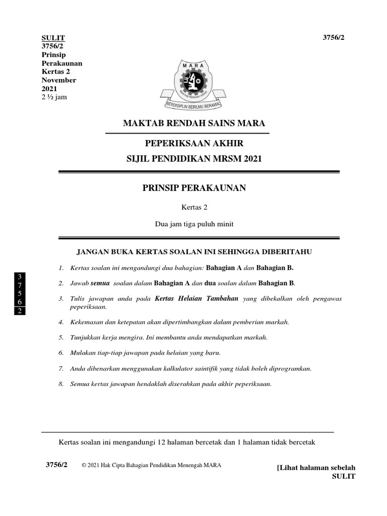 Kertas Trial P. Akaun MRSM k2 2021 | PDF