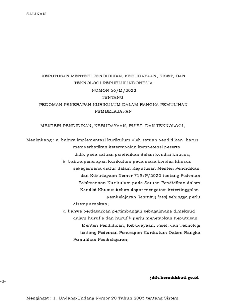 Kepmendikbudristek No 56 Tahun 2022 Tentang Pedoman Penerapan Kurikulum ...