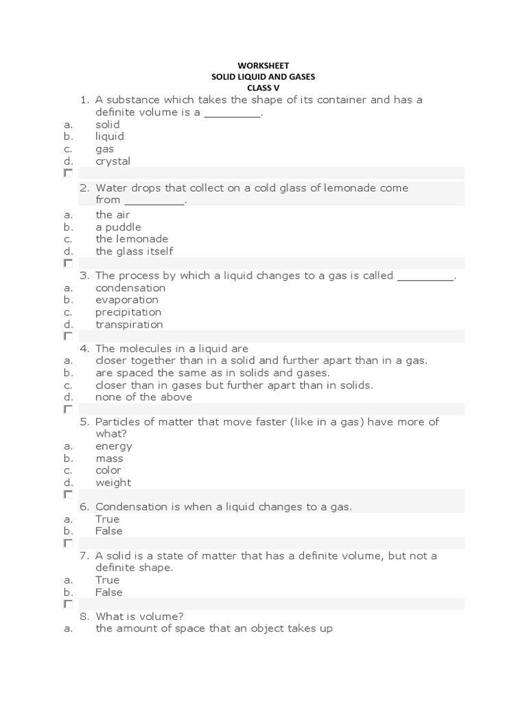 Worksheet-Solid Liquid and Gases | PDF | Liquids | Gases