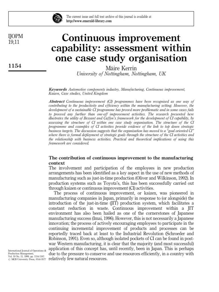 Continuous Improvement Capability: Assessment Within One Case Study ...