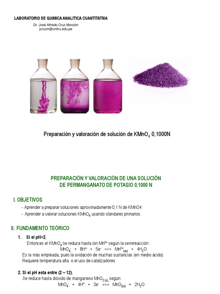 Practica 6. Preparacion y Valoración de Solucion de KMnO4 0,1000N | PDF ...