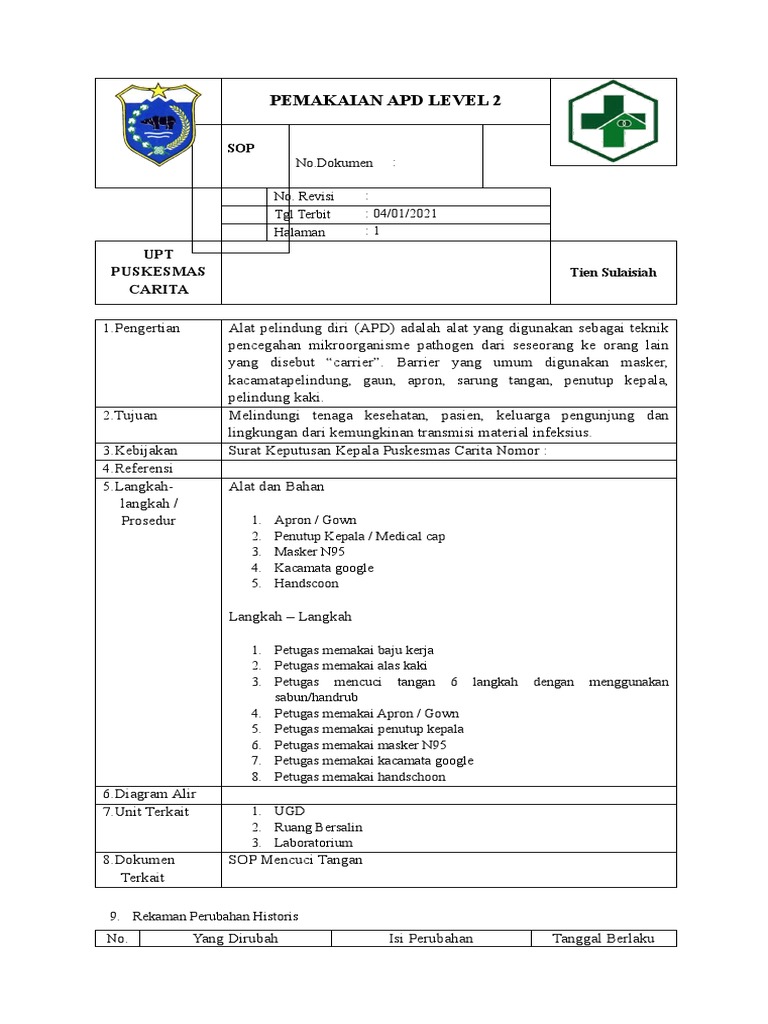 Sop Pemakaian Apd Level 2 | PDF