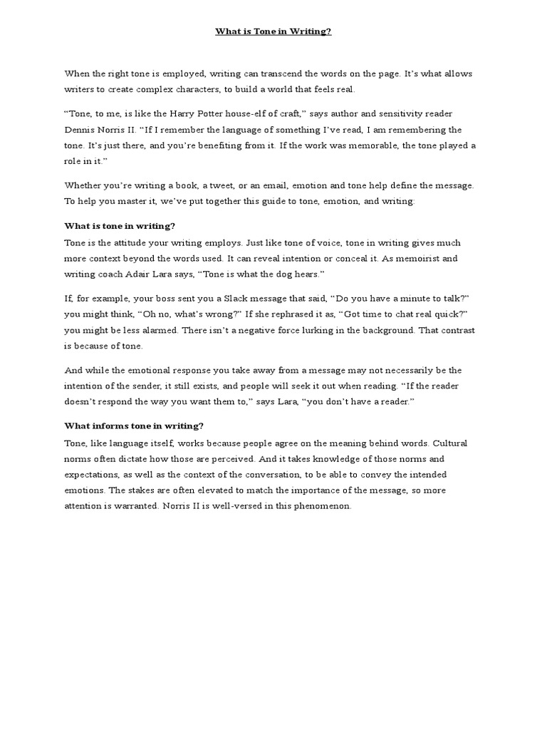 Tone in Writing | PDF | Emotions | Feeling