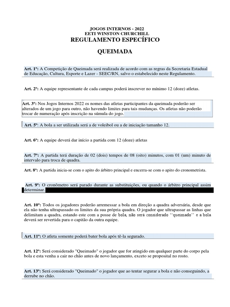 Regulamento Especifico - Queimada | PDF | Voleibol | Entretenimento