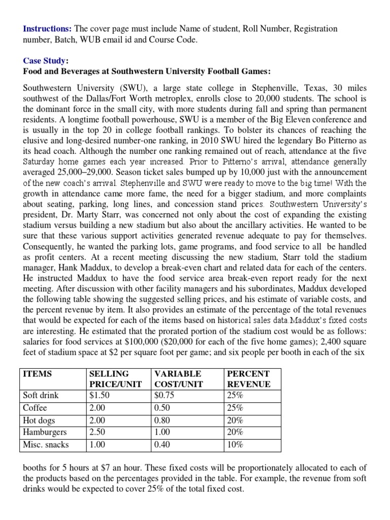 Case Study-Food and Beverages at Southwestern University Football Games ...