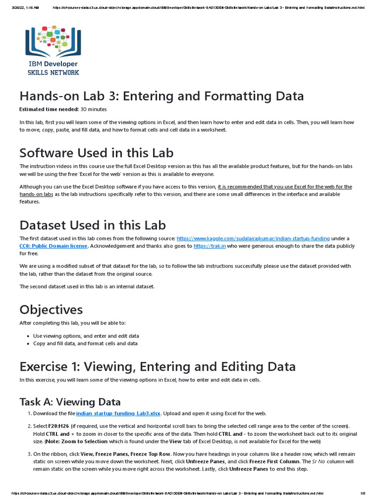 Hands on Lab 3 - Entering and Formatting Data | PDF | Microsoft Excel | World Wide Web