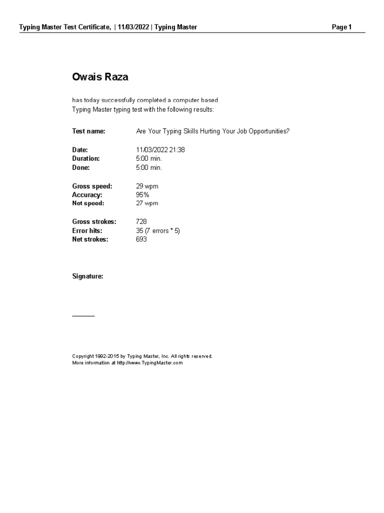 Typing Test Certificate | PDF