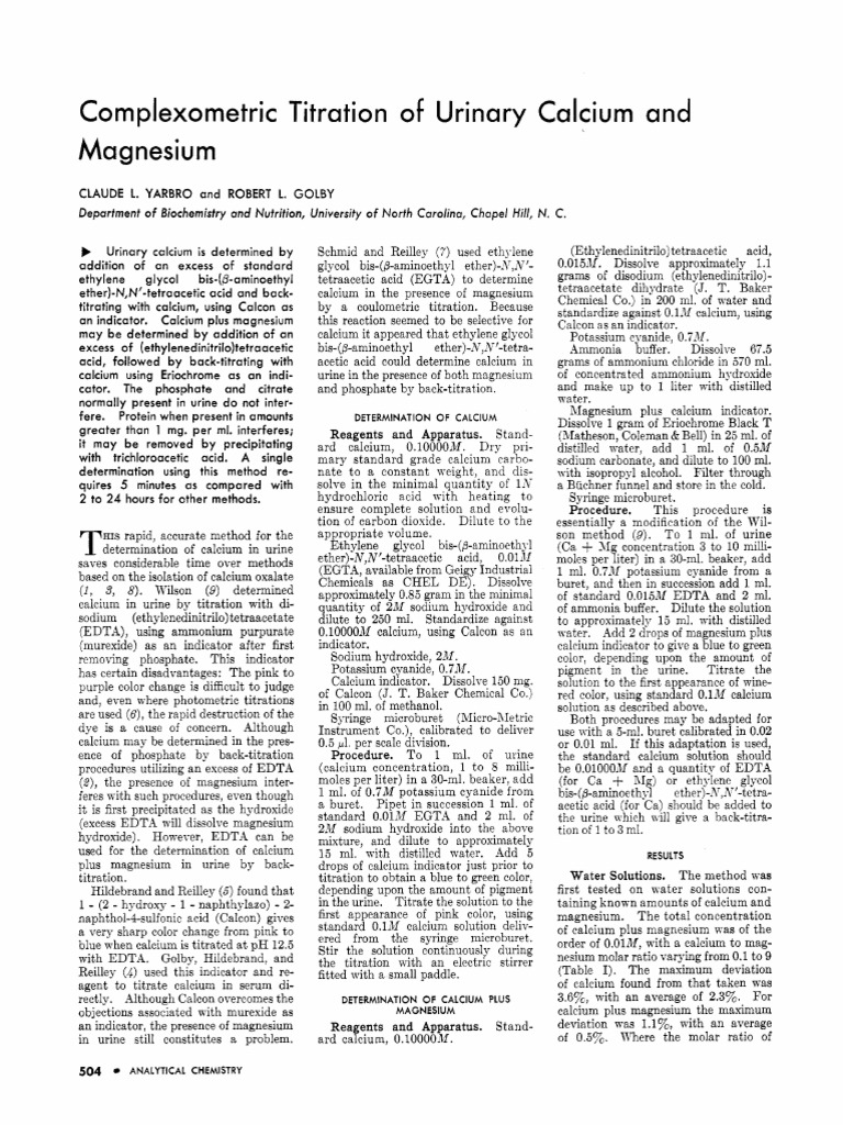 Complexometric Titration of Urinary Calcium and Magnesium | PDF ...