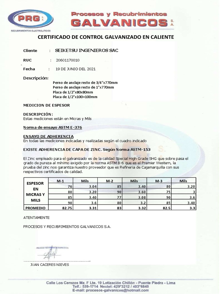 CERTIFICADO DE CALIDAD - Pernos Galvanizados SEIKETSU | PDF