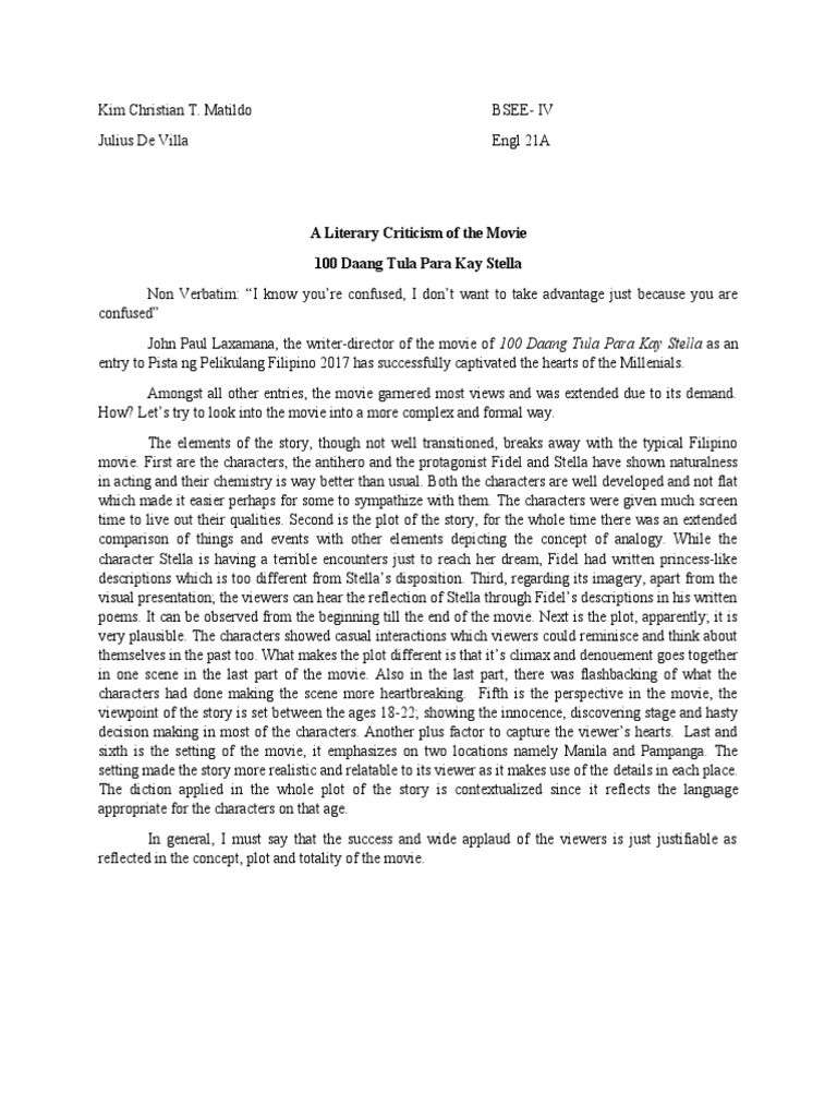 Literary Critique of 100 Tula Para Kay Stella | PDF | General Fiction