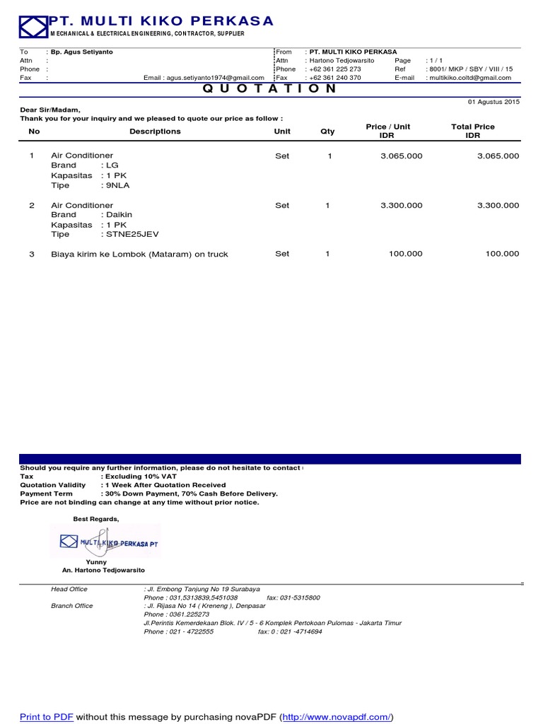 Proposal for Supply and Delivery of Air Conditioning Units and ...