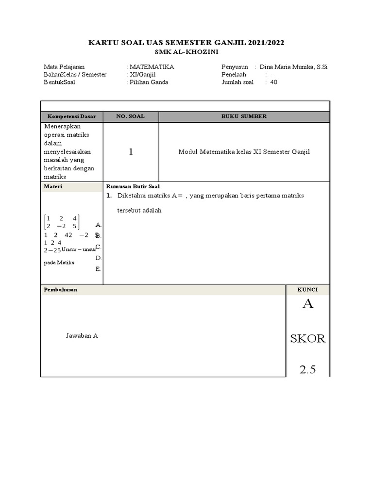 Kartu Soal Uas Semester Ganjil 2021 | PDF