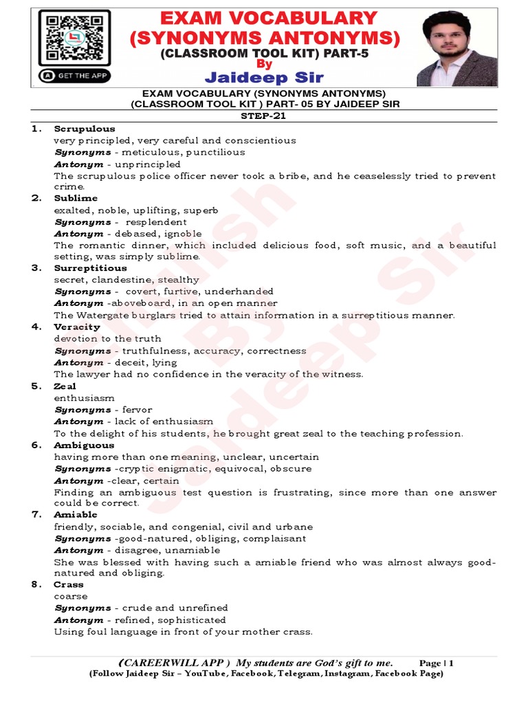 Exam Vocabulary (Synonyms Antonyms) Classroom Tool Kit Part-05: A ...