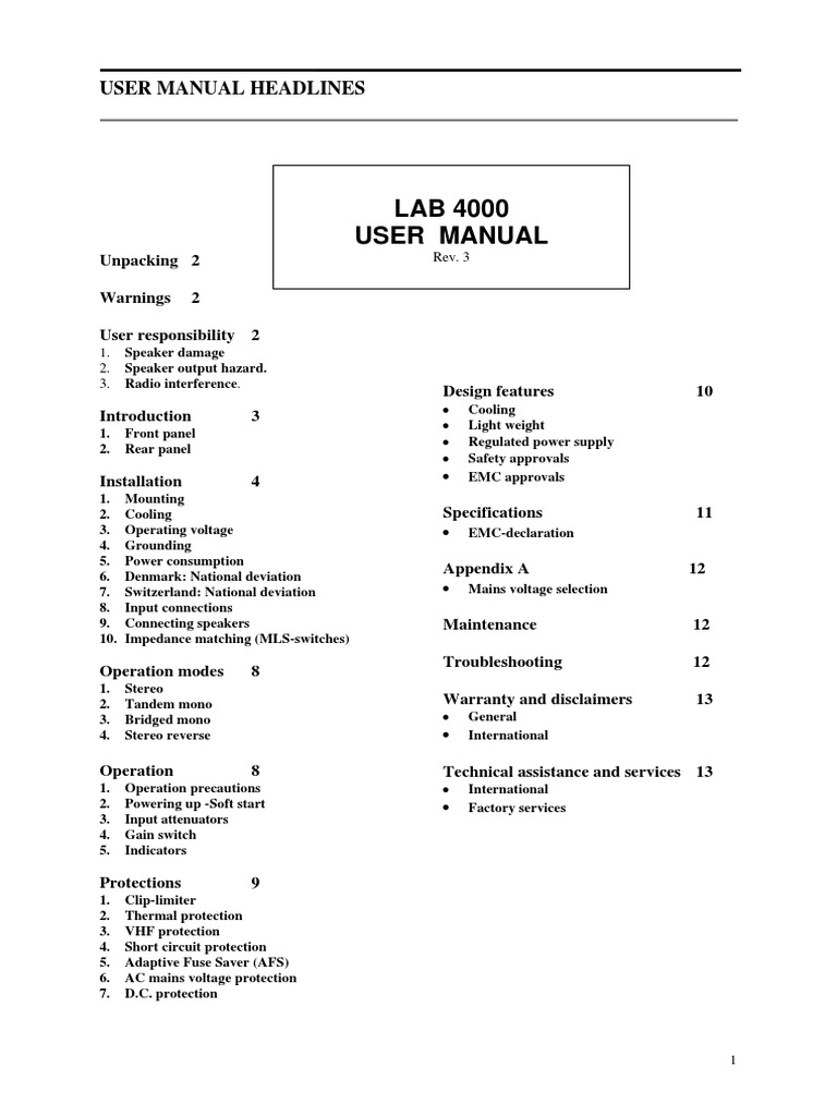 LAB 4000 User Manual | PDF | Amplifier | Loudspeaker