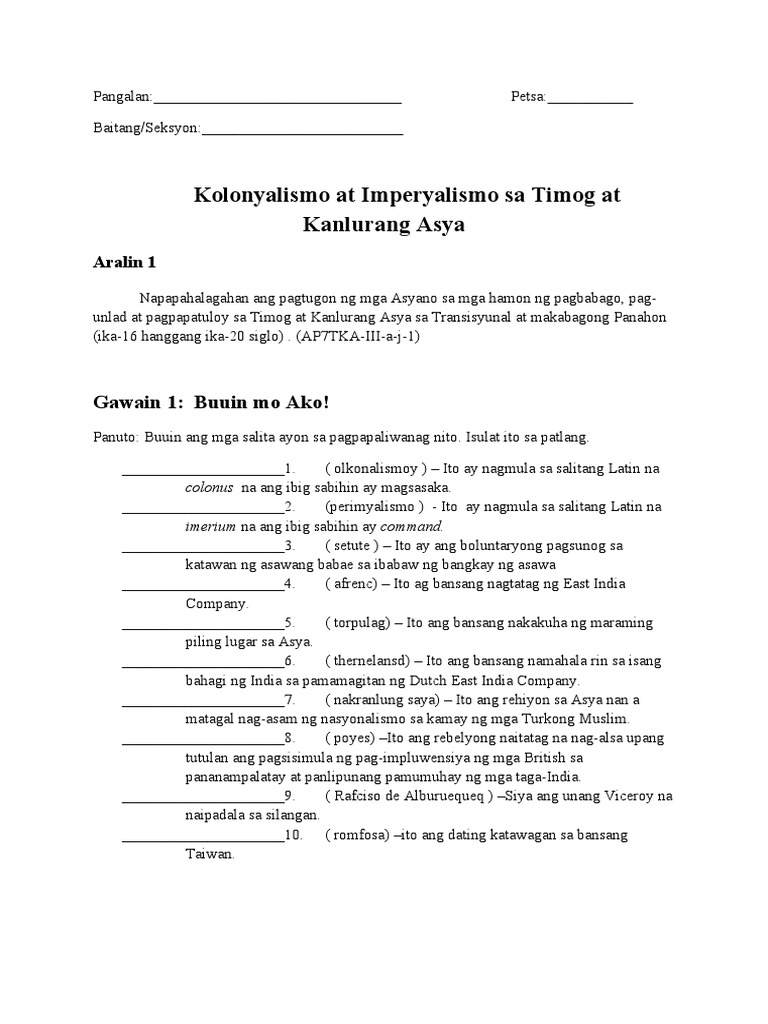 Worksheet AP7-Kolonyalismo at Imperyalismo Sa Timog at Kanlurang Asya | PDF