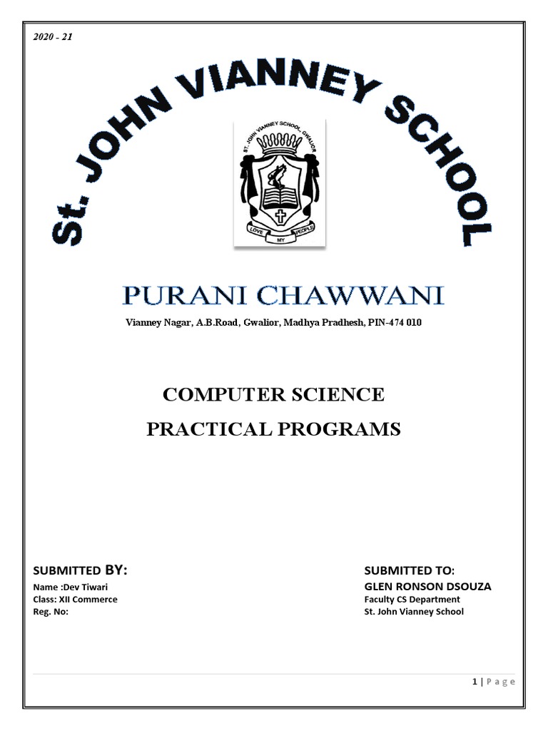 Computer Science Practical File 2020 - 21 | PDF | Area | Programming