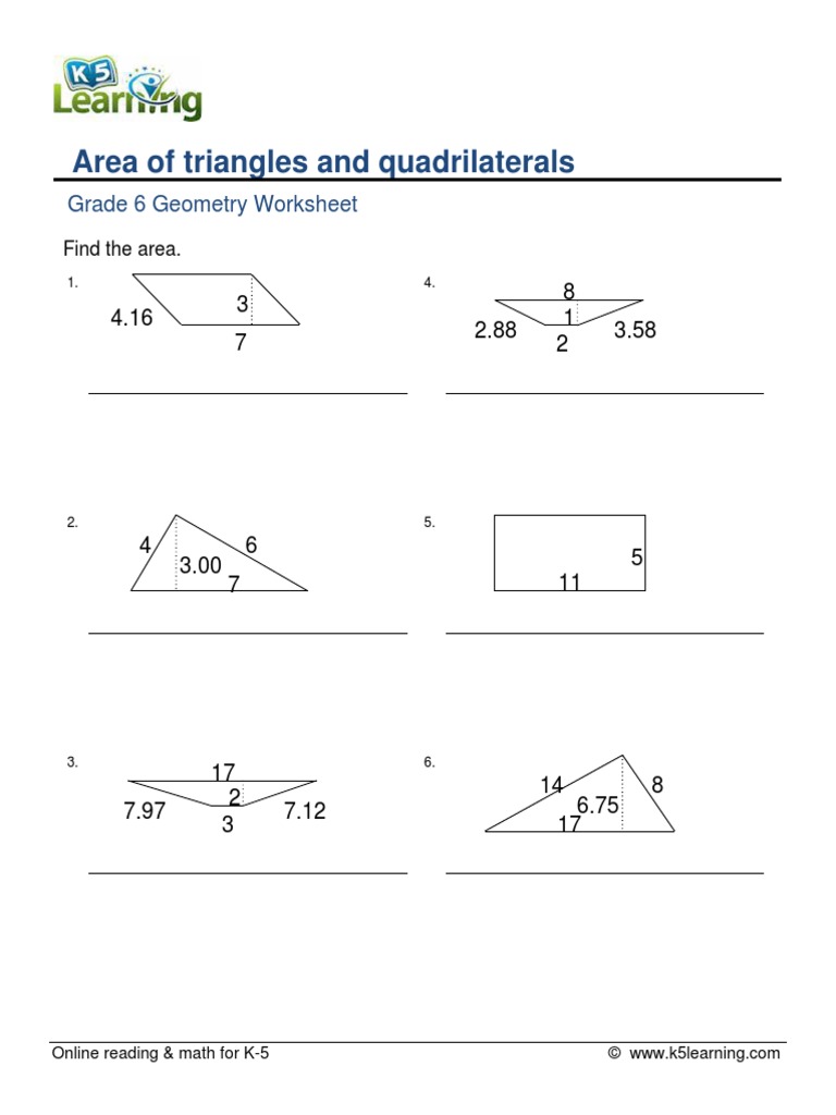 Area of Triangles and Quadrilaterals: Grade 6 Geometry Worksheet | PDF