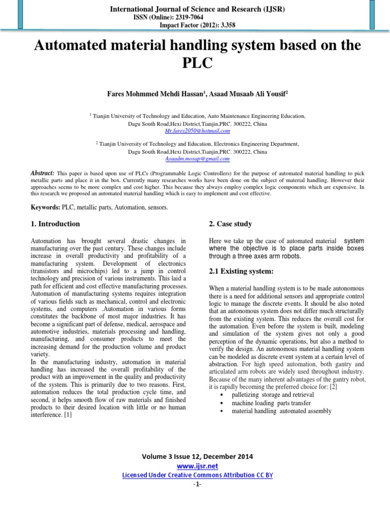 Automated Material Handling System Based On The PLC: Fares Mohmmed Mehdi Hassan, Asaad Musaab ...