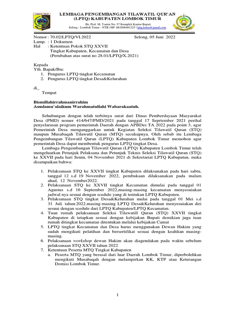 Ketentuan Pokok STQ XXVI 2022 Terbaru 1 | PDF